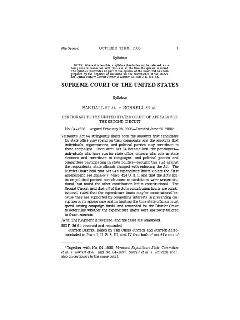 Randall v. Sorrell, 548 U.S. 230 (2006) | PDF | First Amendment To The ...