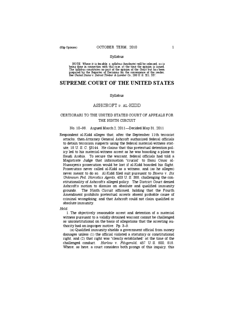 Ashcroft v. Al-Kidd, 131 S. Ct. 2074 (2011) | PDF | Fourth Amendment To ...