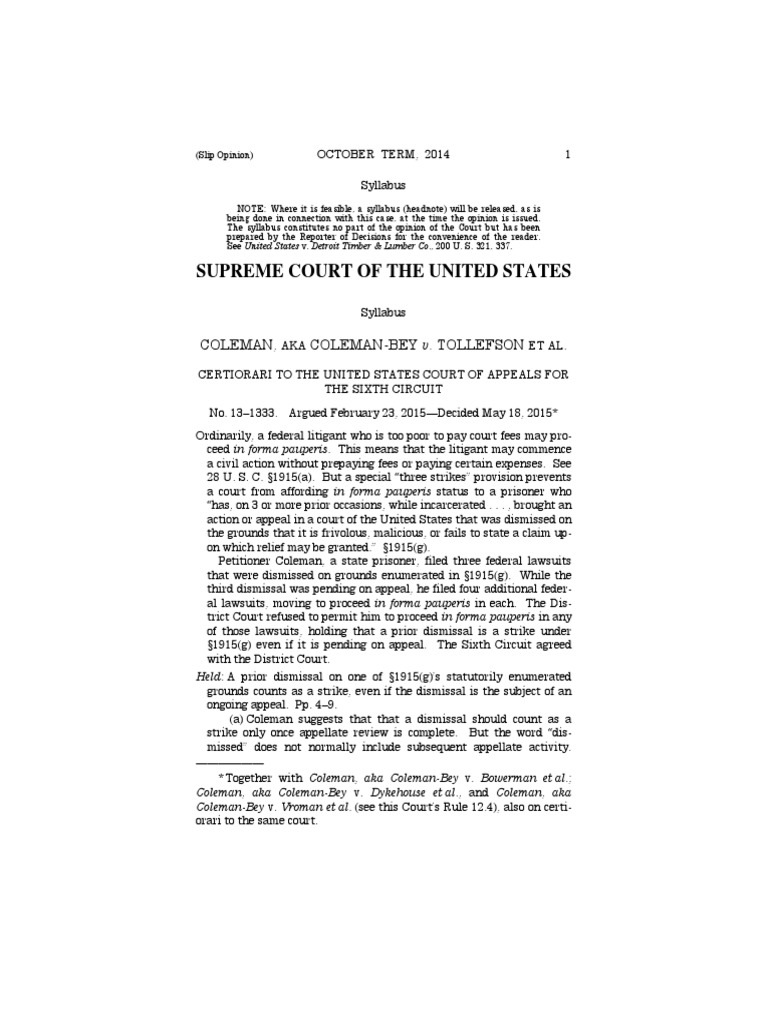 Supreme Court of The United States: Coleman, Coleman-Bey V. Tollefson ...