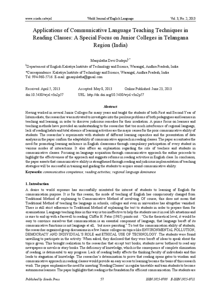 Applications of Communicative Language Teaching Techniques in Reading ...