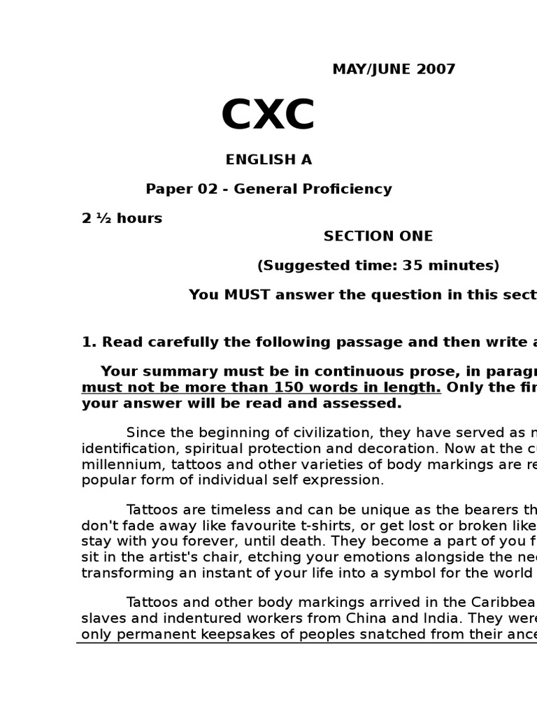 CXC English A May - June 2007 | PDF | Tattoo | English Language