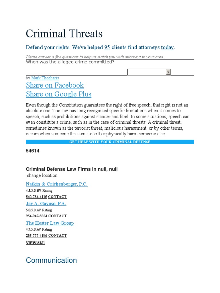 Criminal Threats: Share On Facebook Share On Google Plus | PDF ...