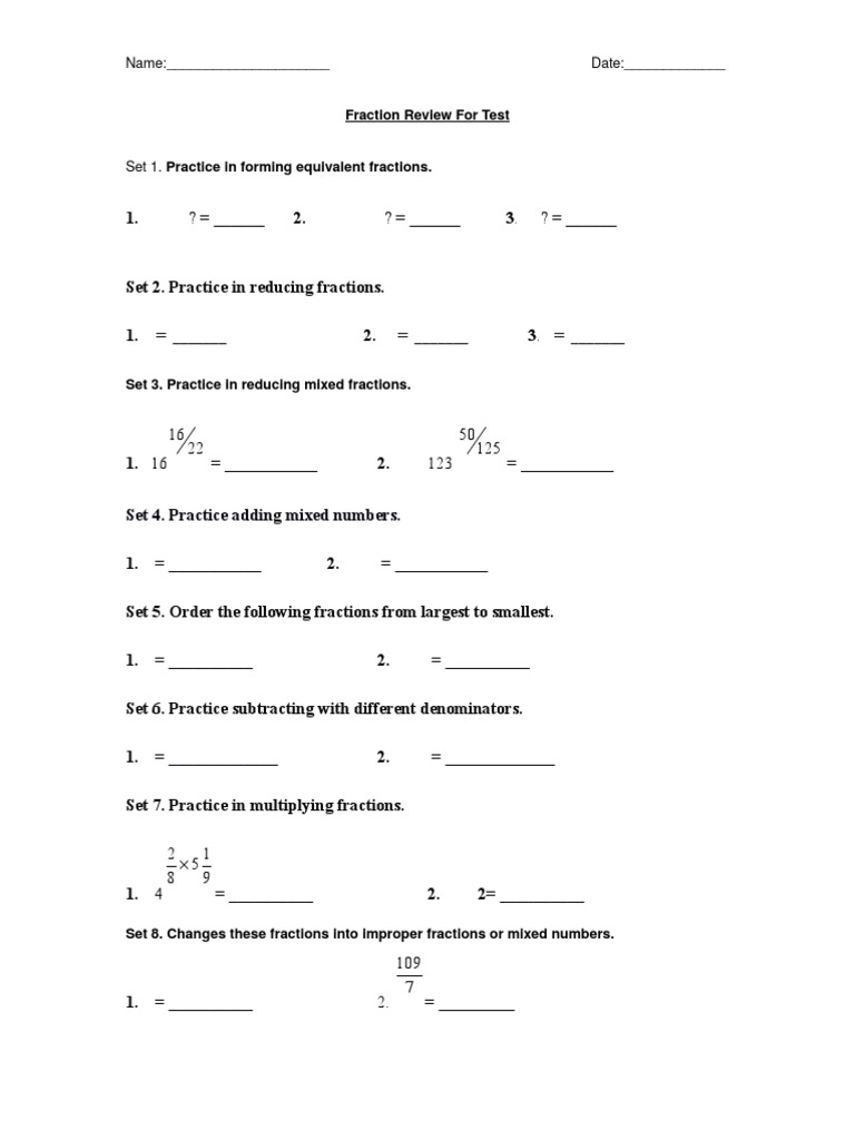 Set 2. Practice in Reducing Fractions. 3.: Fraction Review For Test | PDF