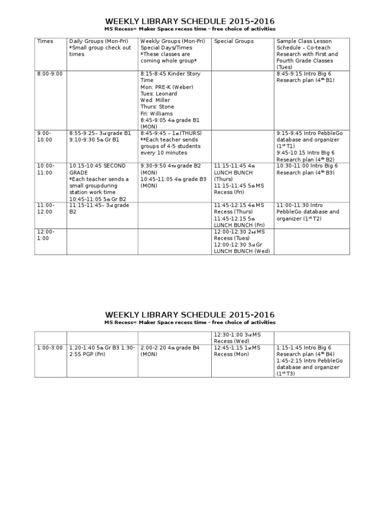 Weekly Library Schedule 2015-2016 | PDF
