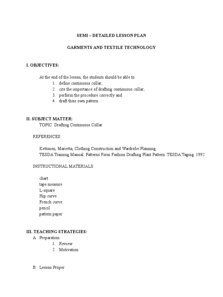 Semi - Detailed Lesson Plan Garments and Textile Technology | PDF