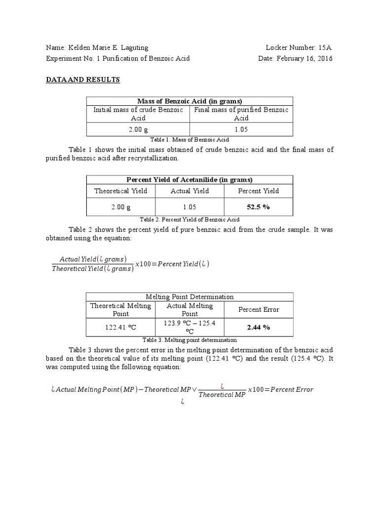 data-and-results-mass-of-benzoic-acid-in-grams-actual-yield-grams