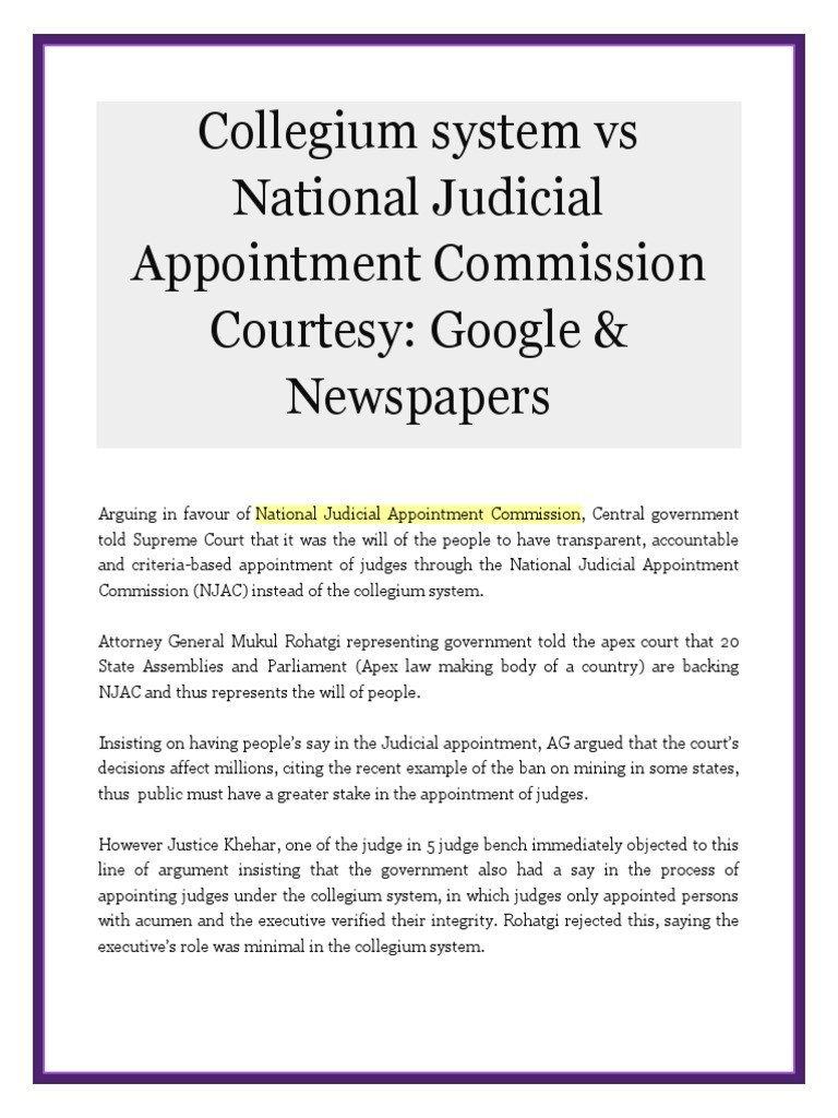 Collegium System Vs National Judicial Appointment Commission Courtesy ...