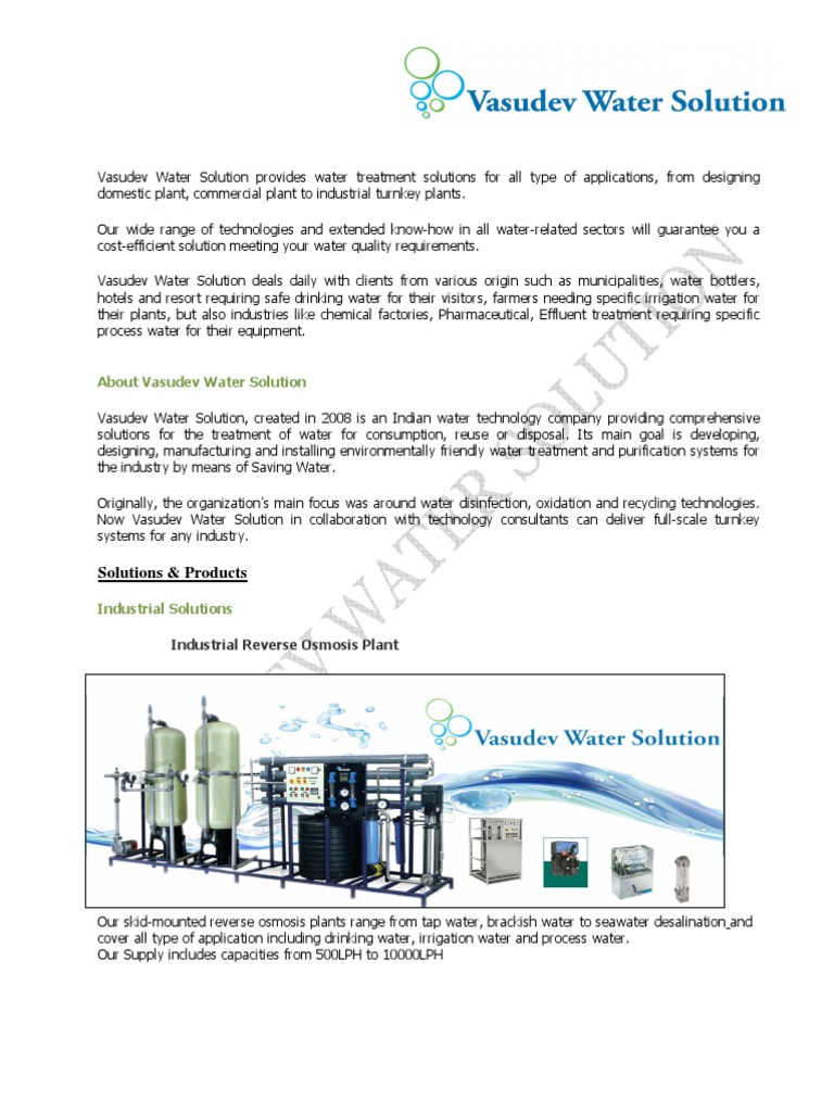 About Vasudev Water Solution | PDF | Water Purification | Disinfectant