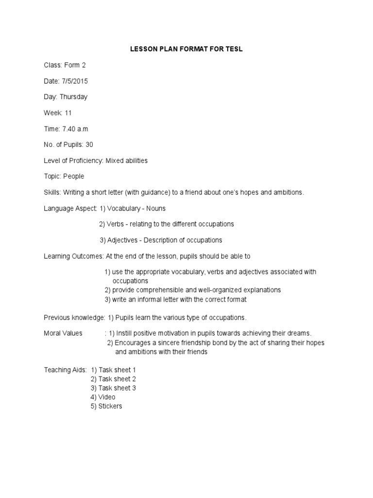 Lesson Plan Format For Tesl | PDF | Lesson Plan | Semiotics