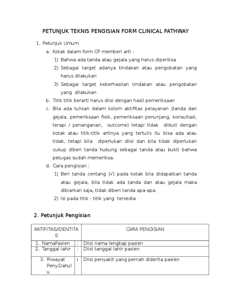 Petunjuk Teknis Pengisian Form Clinical Pathway | PDF