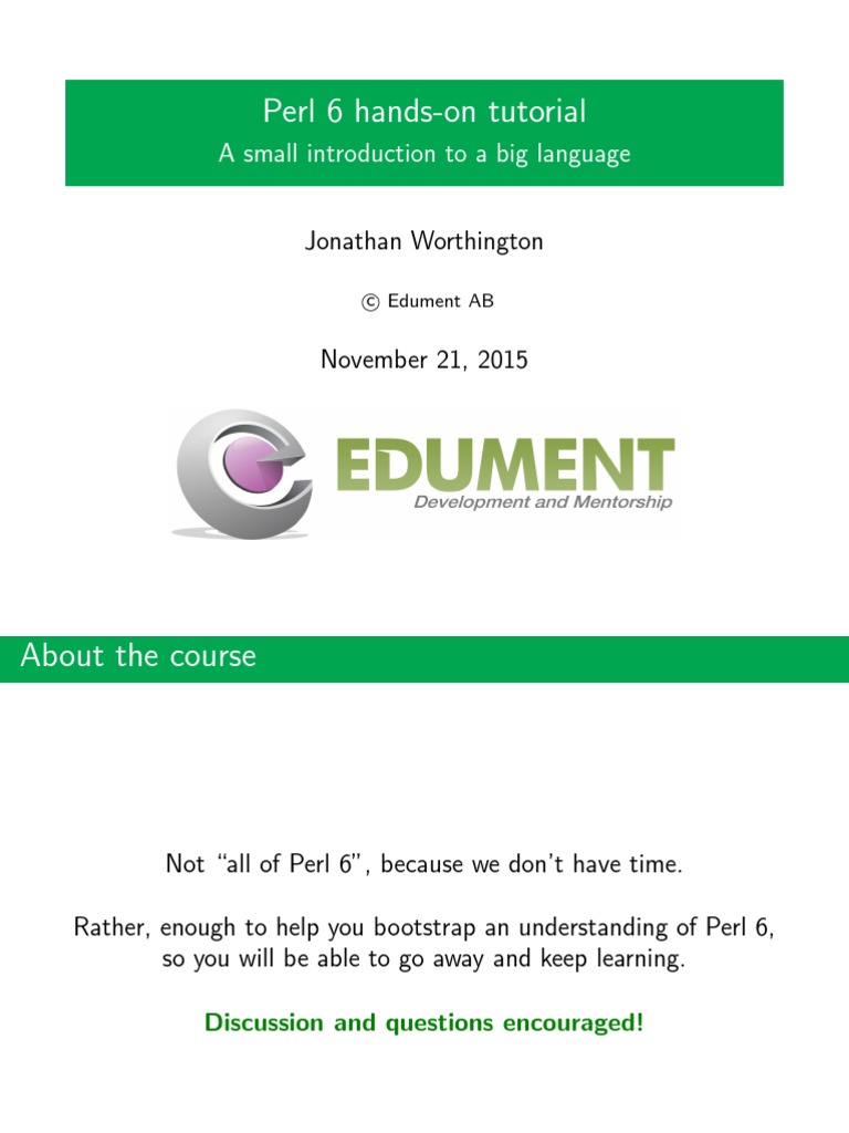 2015 SPW Perl6 Course | PDF | Parameter (Computer Programming) | Variable (Computer Science)