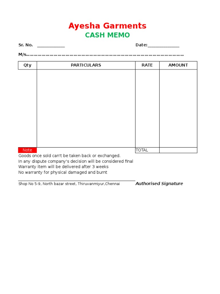 Mobile Shop Cash Memo Template | PDF