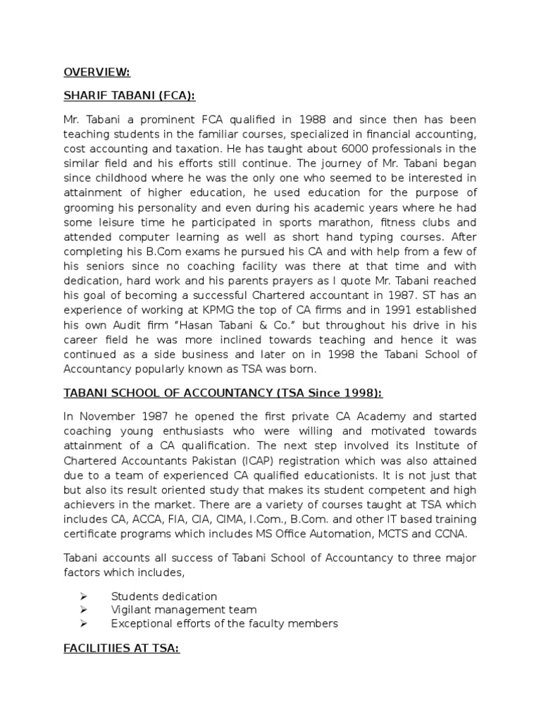 TSA Since 1998: Overview of Tabani School of Accountancy and Its ...