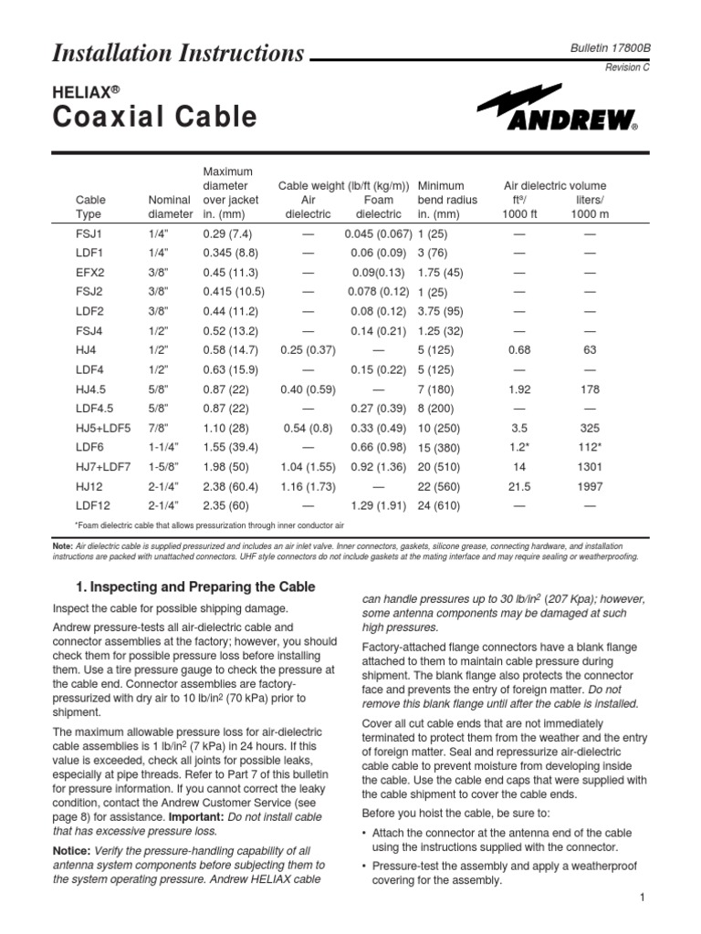 Andrew Coaxial Cable Installation Instructions-Bulletin 17800B | PDF | Electrical Connector | Cable