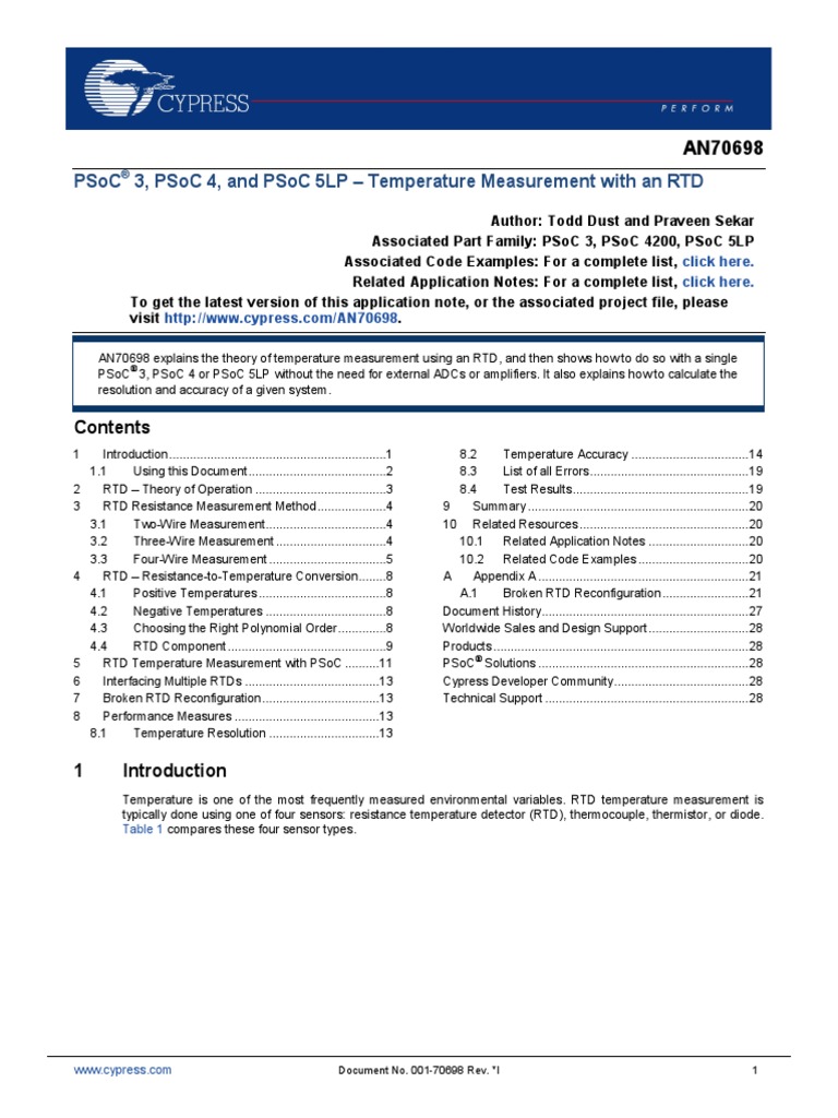 001-70698 AN70698 PSoC 3 PSoC 4 and PSoC 5LP Temperature Measurement With An RTD | PDF | Analog ...