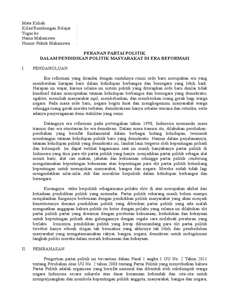 Makalah Peranan Partai Politik Dalam Pendidikan Politik Masyarakat Di ...