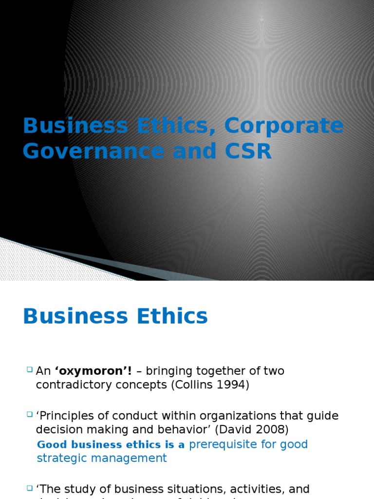 Lecture 2 Business Ethics, Corporate Governance & CSR | PDF | Corporate ...