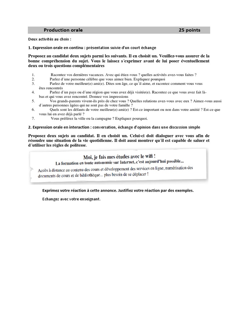 Production Orale Sujet A2 | PDF