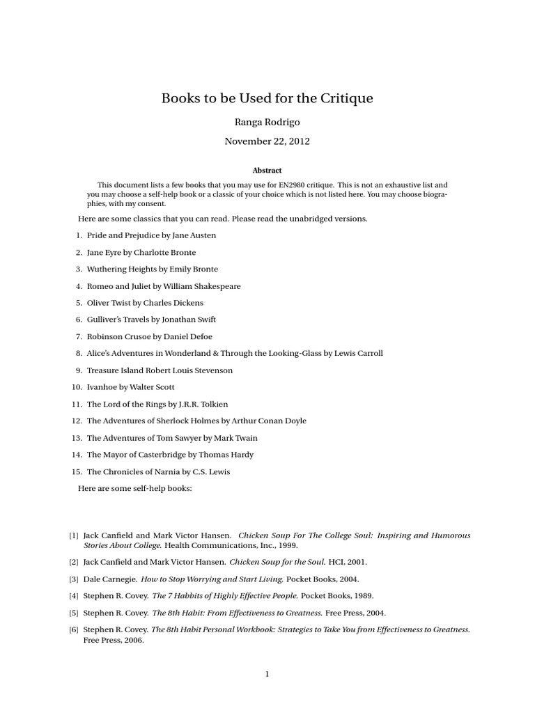 Books To Be Used For The Critique: Ranga Rodrigo November 22, 2012 | PDF