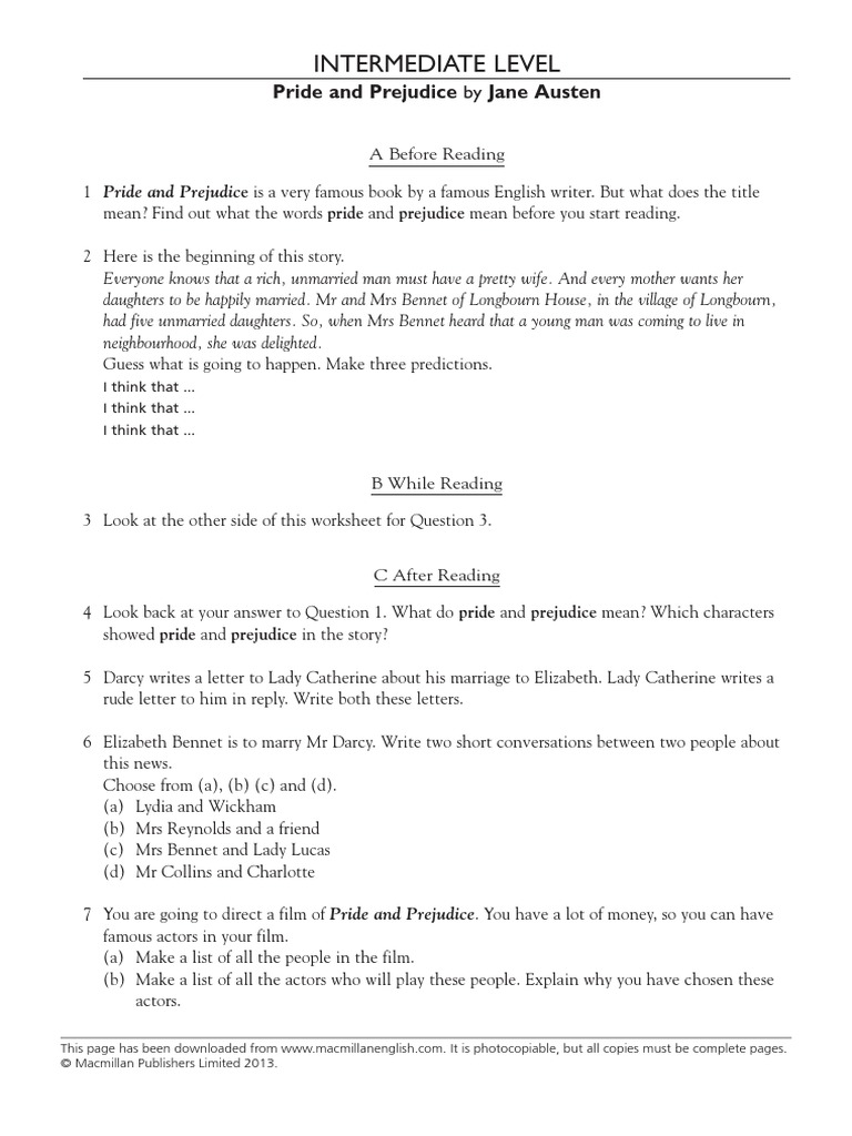 Pride Prejudice Worksheet | PDF | Pride And Prejudice | British Novels