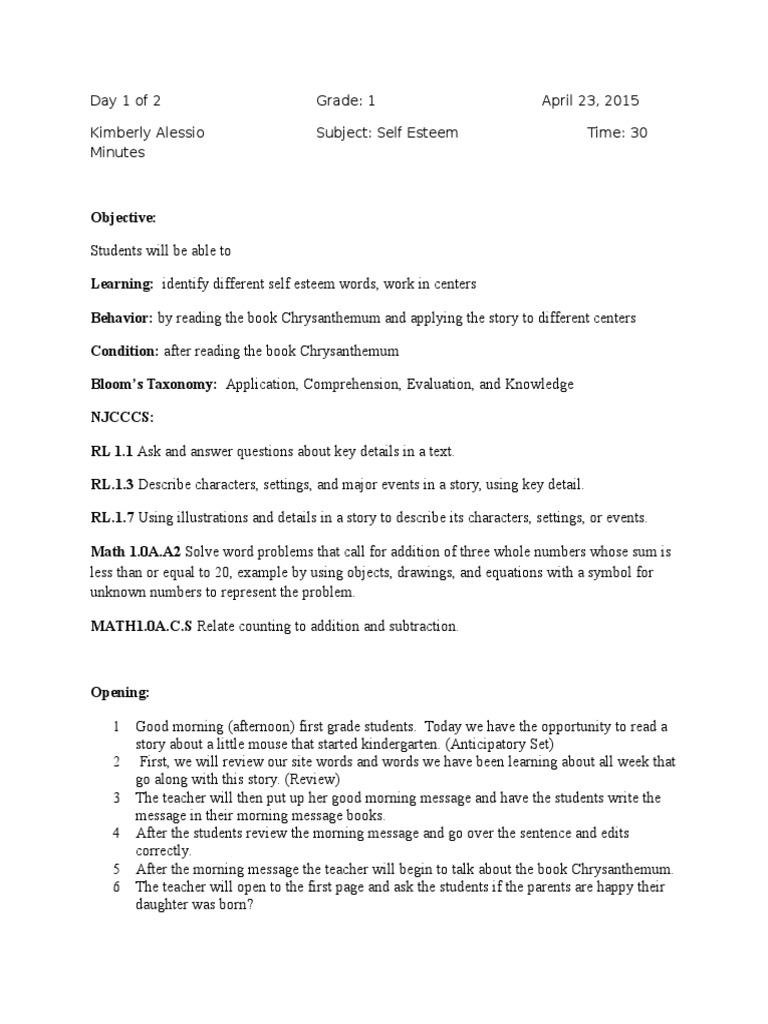 First Grade Lesson Plan Chrysanthemum Emotions | Reading Comprehension ...