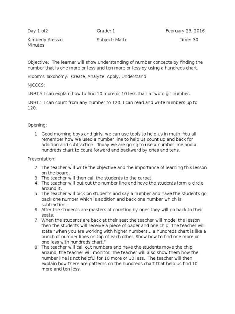 First Grade Lesson Plan Counting by Ones and Tens | PDF | Sharing ...