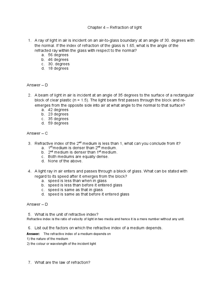 Refraction of Light (Answers) | PDF | Refraction | Refractive Index