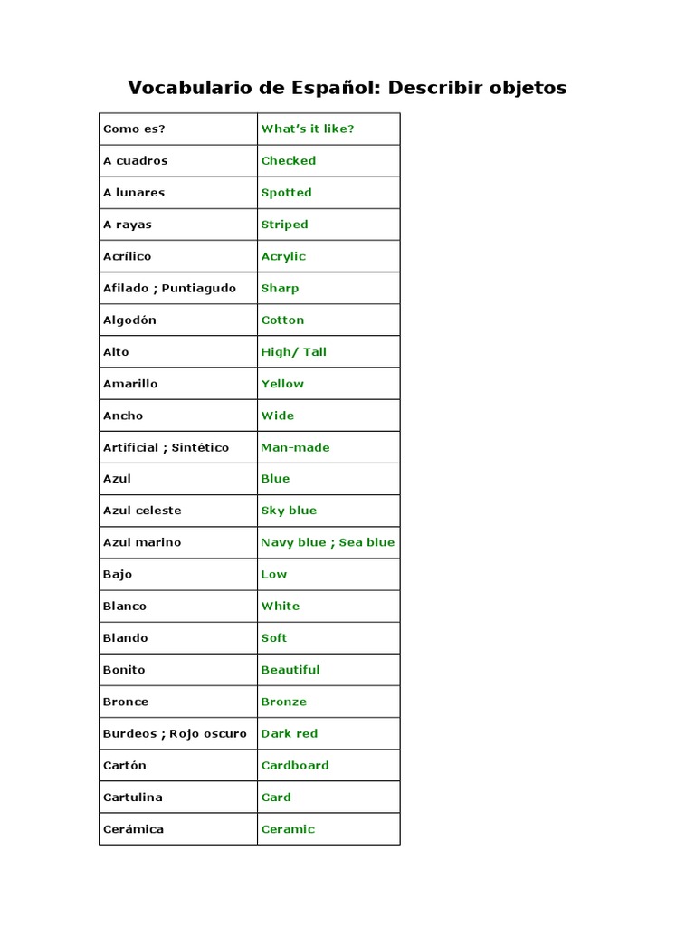 Vocabulario para describir objetos | PDF