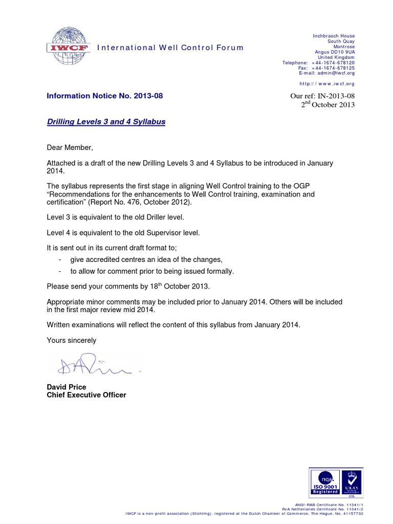 IWCF Drilling Levels 3 and 4 Syllabus | PDF | Casing (Borehole ...
