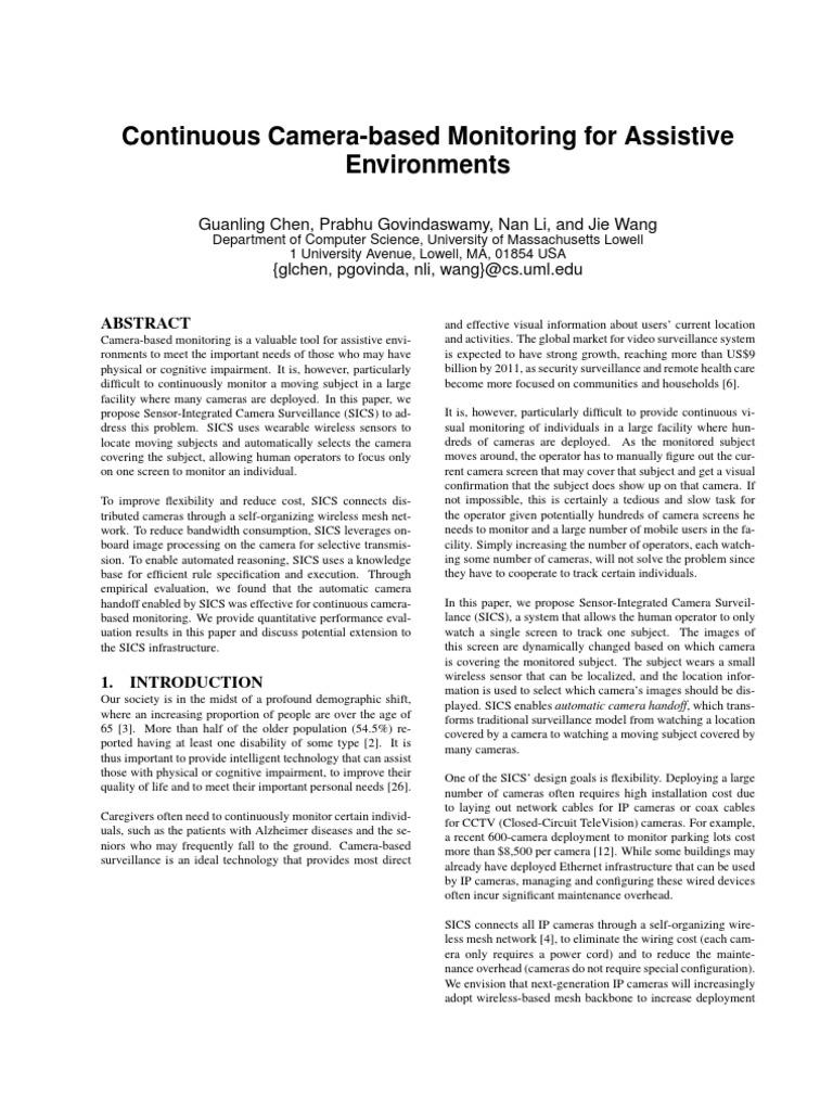 Continous Camera-Based Monitoring For Assistive Environments | PDF