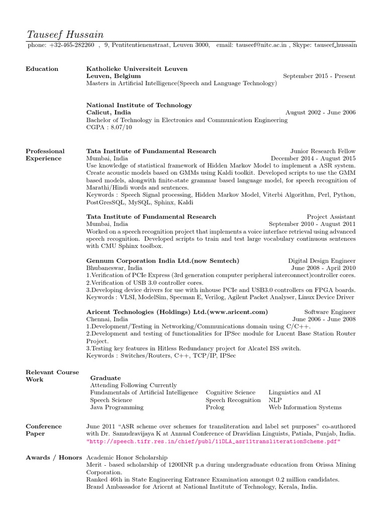 Tauseef CV KUL | PDF | Field Programmable Gate Array | Speech Recognition