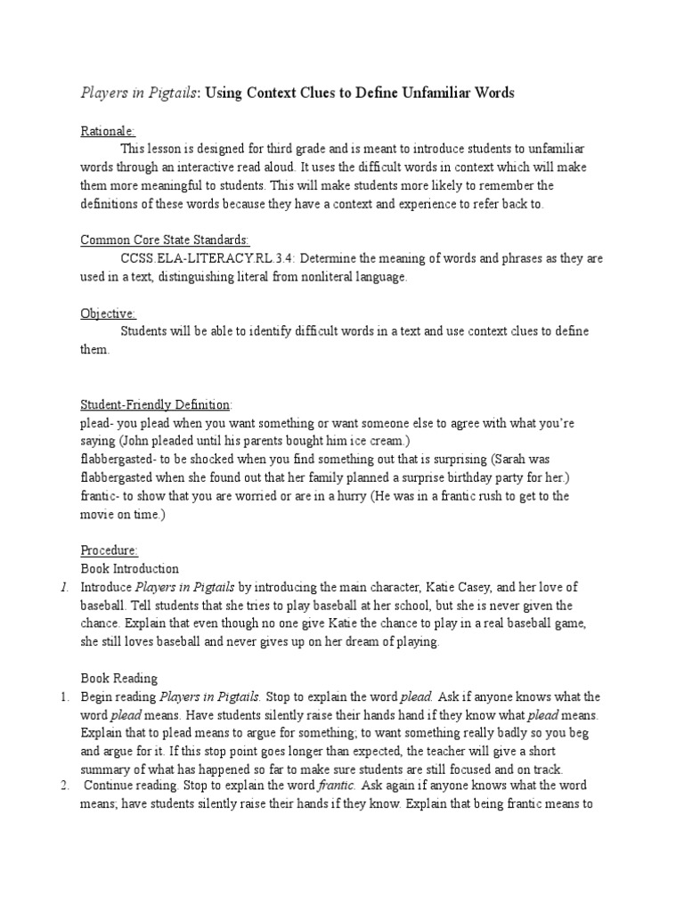 Players in Pigtails: Using Context Clues To Define Unfamiliar Words | PDF