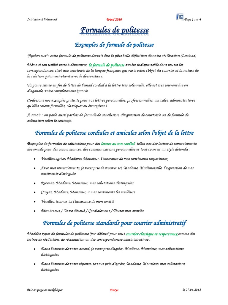 Formules de Politesse PDF | Microsoft Word | Langues
