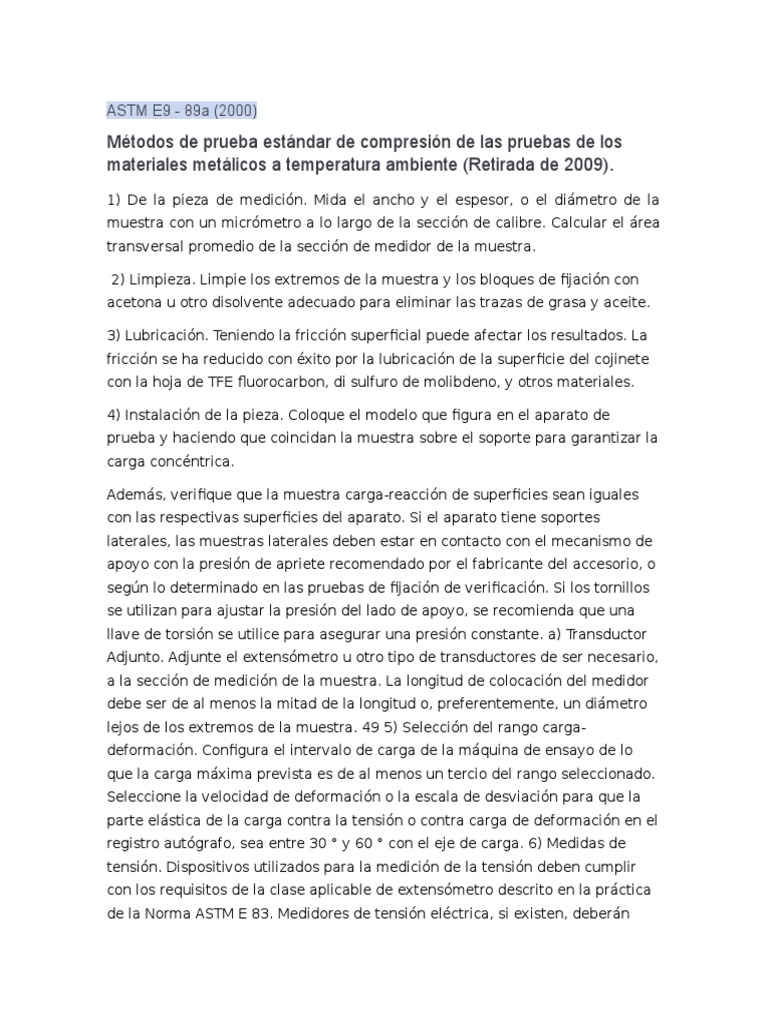 Métodos de Compresión ASTM E9 | PDF | Pandeo | Elasticidad (Física)