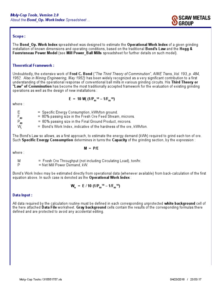 Bond Op. Work Index | Download Free PDF | Mill (Grinding) | Ton