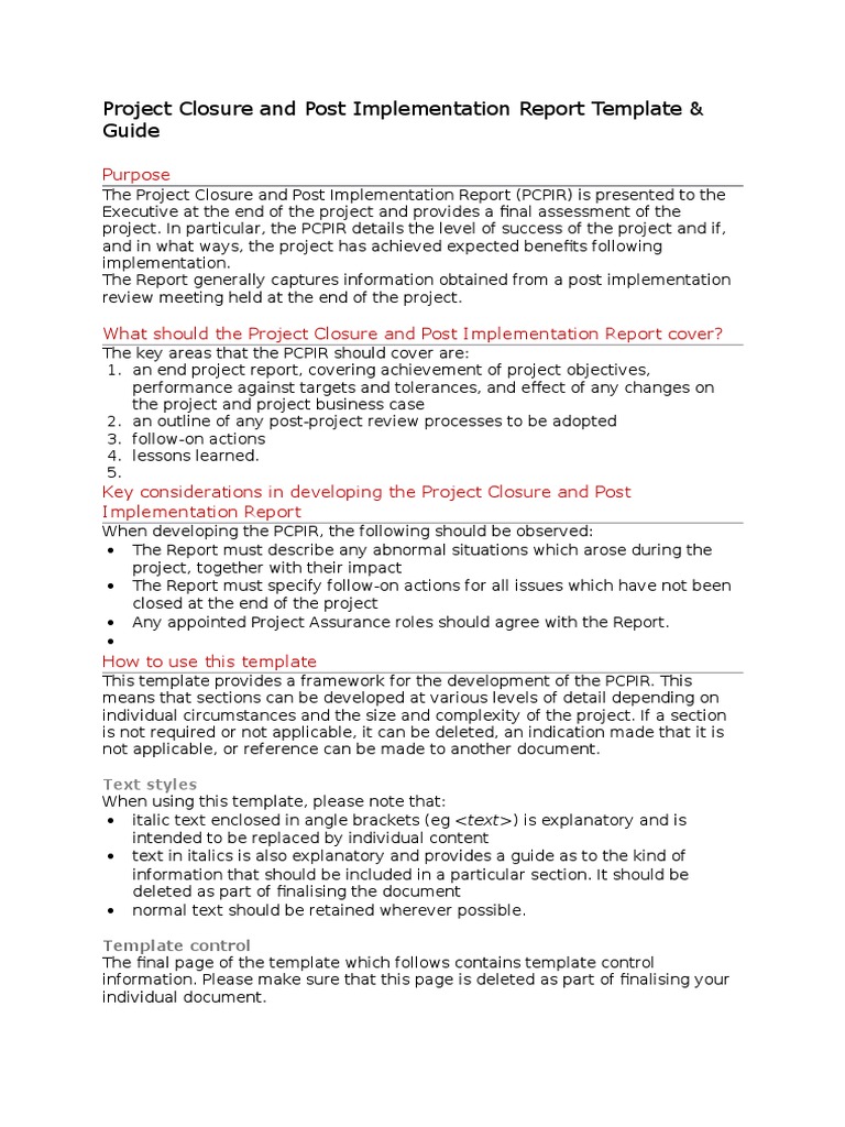 Project Closure and Post Implementation Report and Guide ...