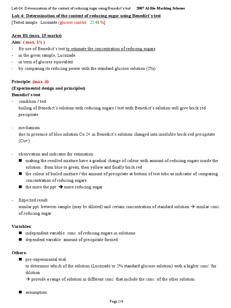 Reducing Sugar Analysis via Benedict’s Test | PDF | Chemistry ...
