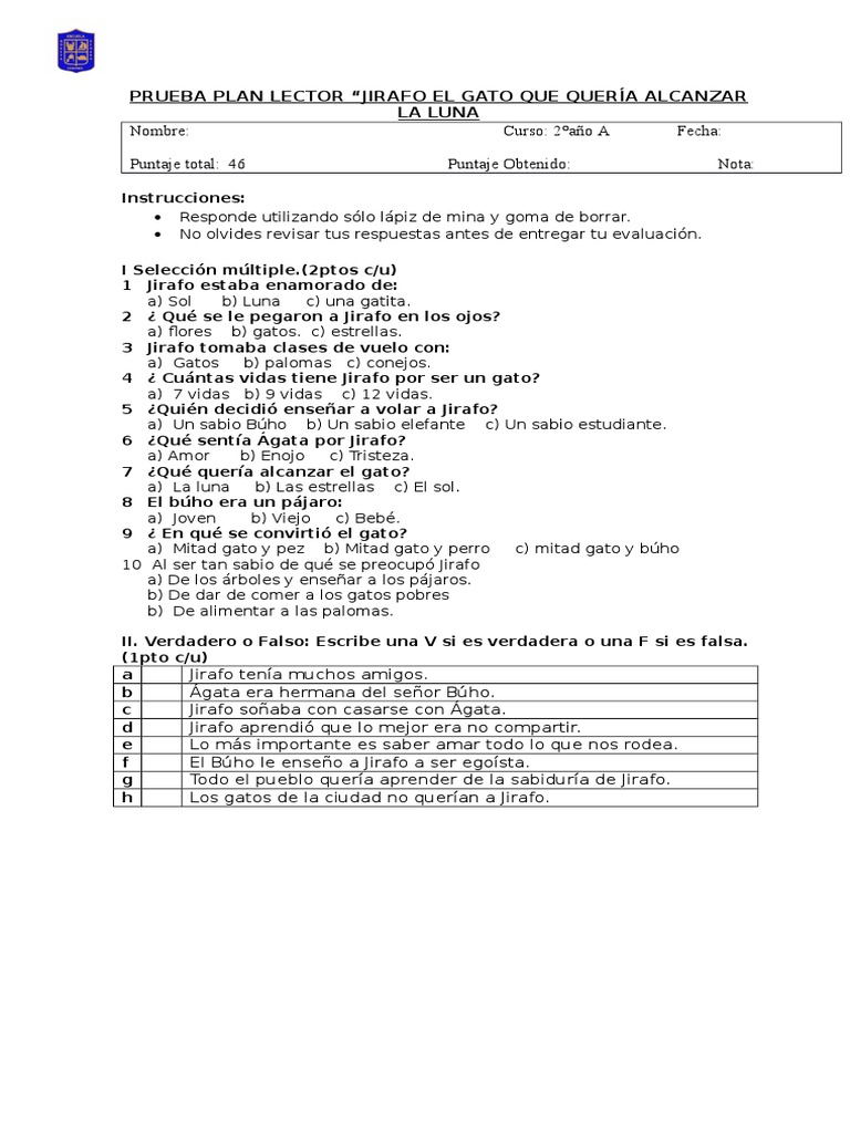 PRUEBA Plan Lector Jirafo | PDF
