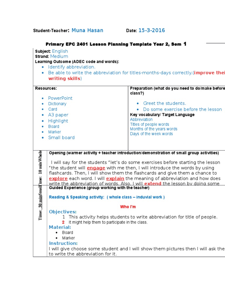 Lesson Plan English Abbreviation | PDF | Lesson Plan | Applied Psychology