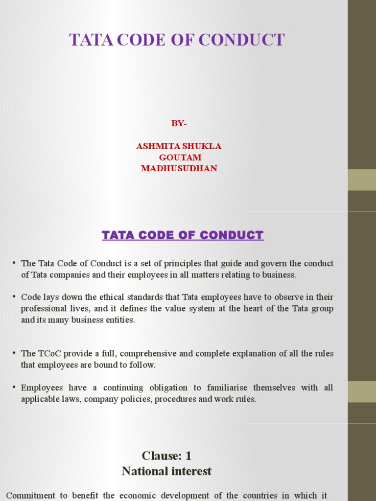 Tata Code of Conduct: BY-Ashmita Shukla Goutam Madhusudhan | PDF ...
