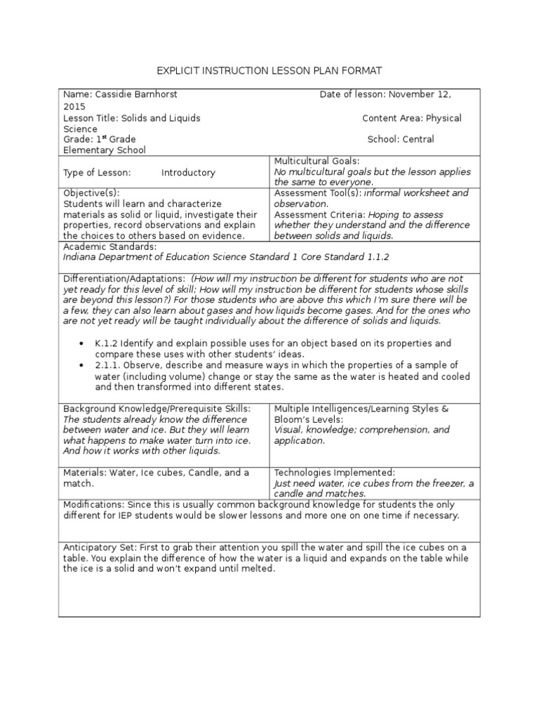 Explicit Instruction Lesson Plan Format | PDF | Ice | Educational ...