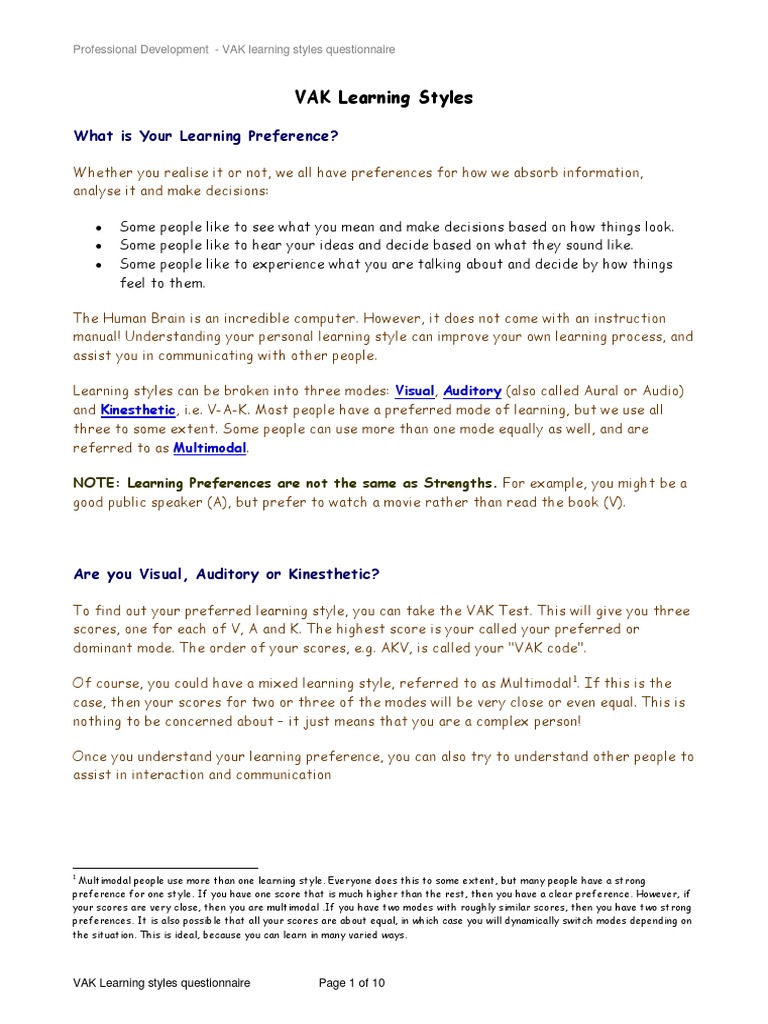 Learning Styles Questionnaire | Download Free PDF | Learning Styles ...