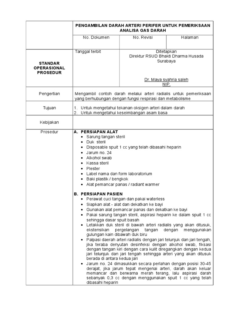 Pengambilan Darah Arteri Perifer Untuk Pemeriksaan Analisa Gas Darah | PDF