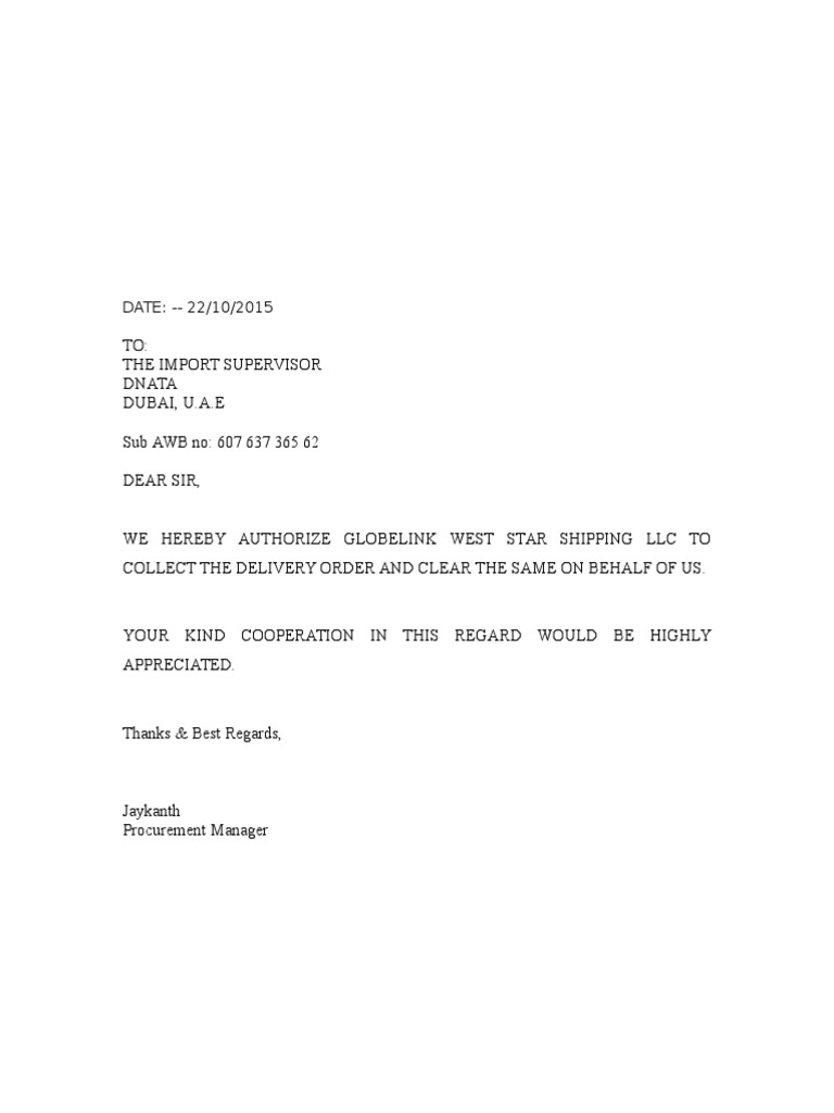 Authorization Letter | PDF | United Arab Emirates | Services (Economics)