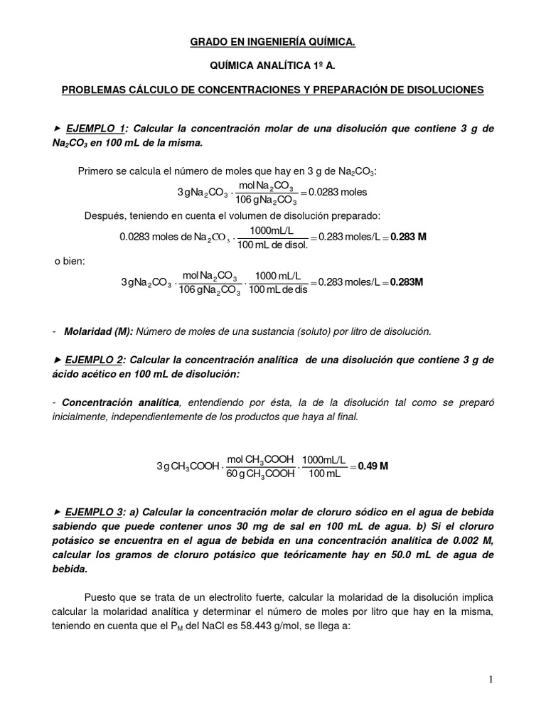 1. Calculo de Concentraciones | Mol (Unidad) | Química