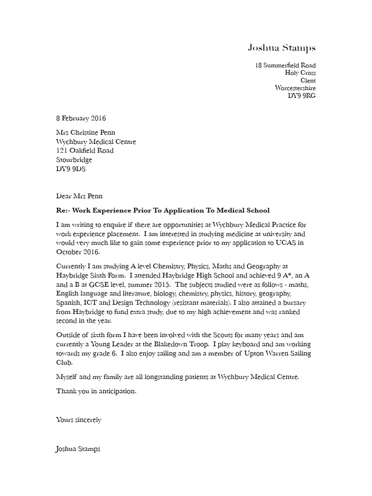 Joshua Stamps: Re:-Work Experience Prior To Application To Medical ...