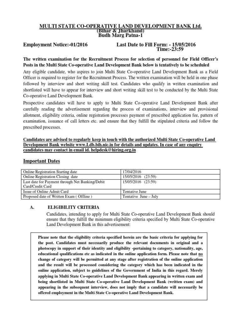 Notification Land Development Bank Field Officer Posts PDF | PDF ...