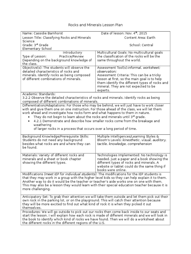 Rocks and Minerals Lesson Plan: Observation | PDF | Educational ...