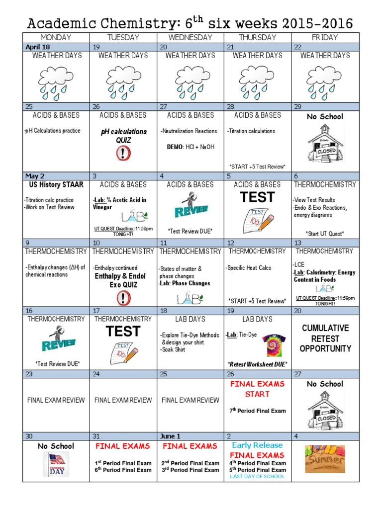 6th Six Weeks Calendar 15-16 Updated | PDF