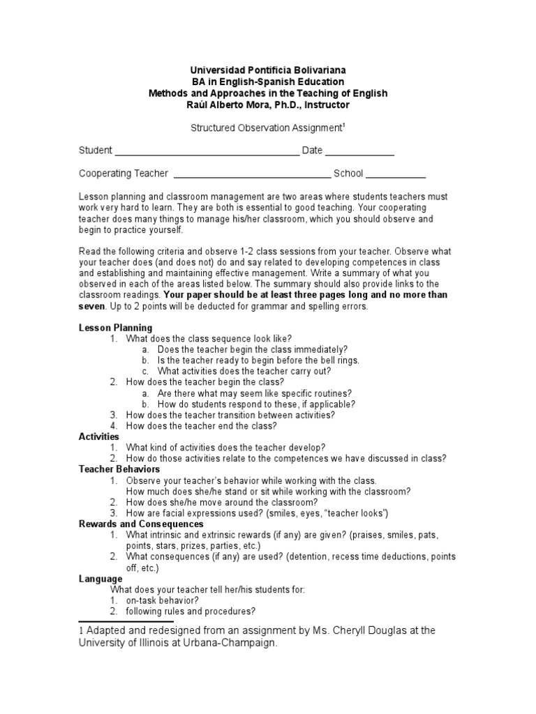 MATE Structured Observation Assignment 2016 | PDF | Classroom ...